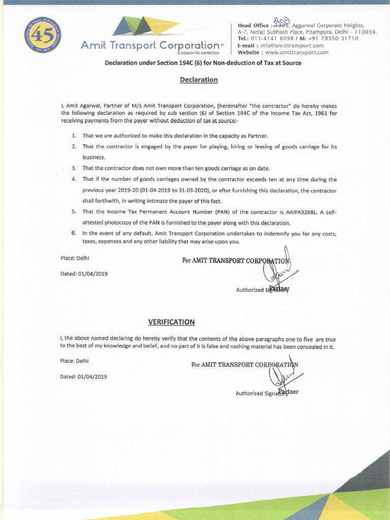 TDS Declaration FY 2019 20 | PDF