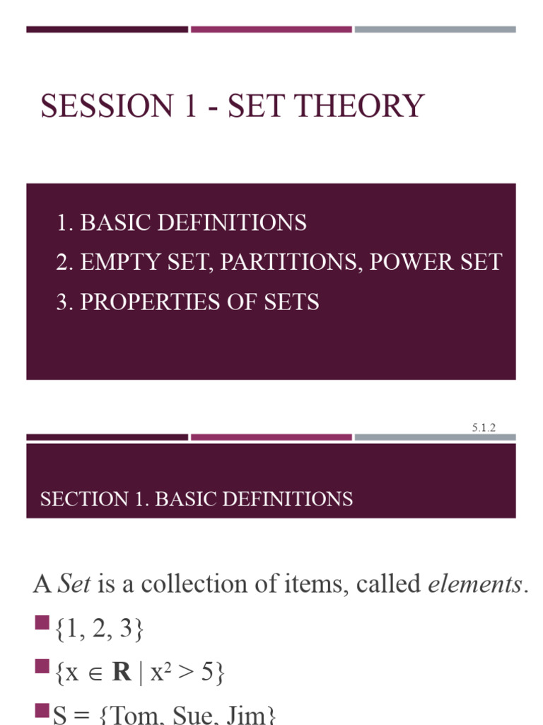 Session 1 - Set Theory: 1. Basic Definitions 2. Empty Set, Partitions, Power Set 3. Properties ...