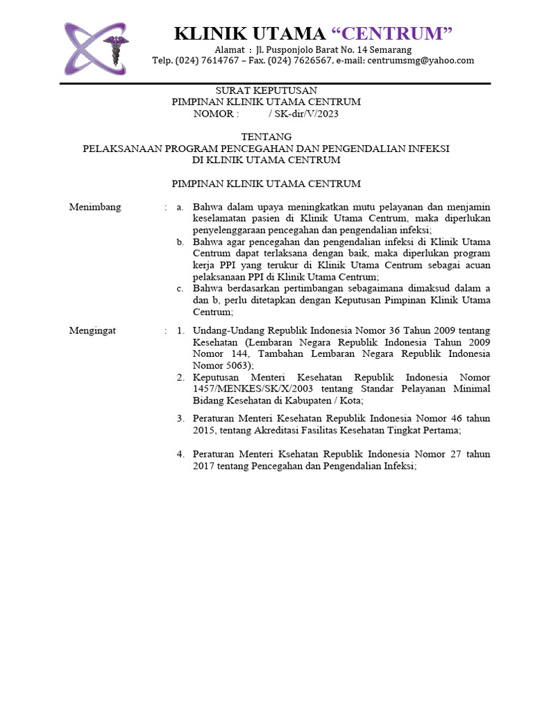 SK Pelaksanaan Program Pencegahan Dan Pengendalian Infeksi (Ppi) | PDF