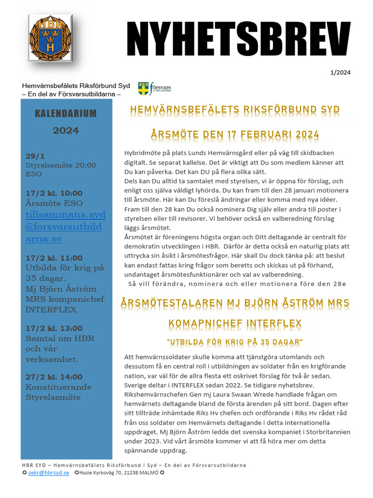 Nyhetsbrev HBR Syd 2024-1 | PDF