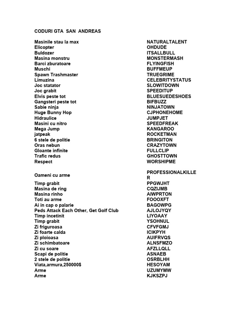 Coduri Traduse in Romananeste Gta San Andreas | PDF | Vehicles