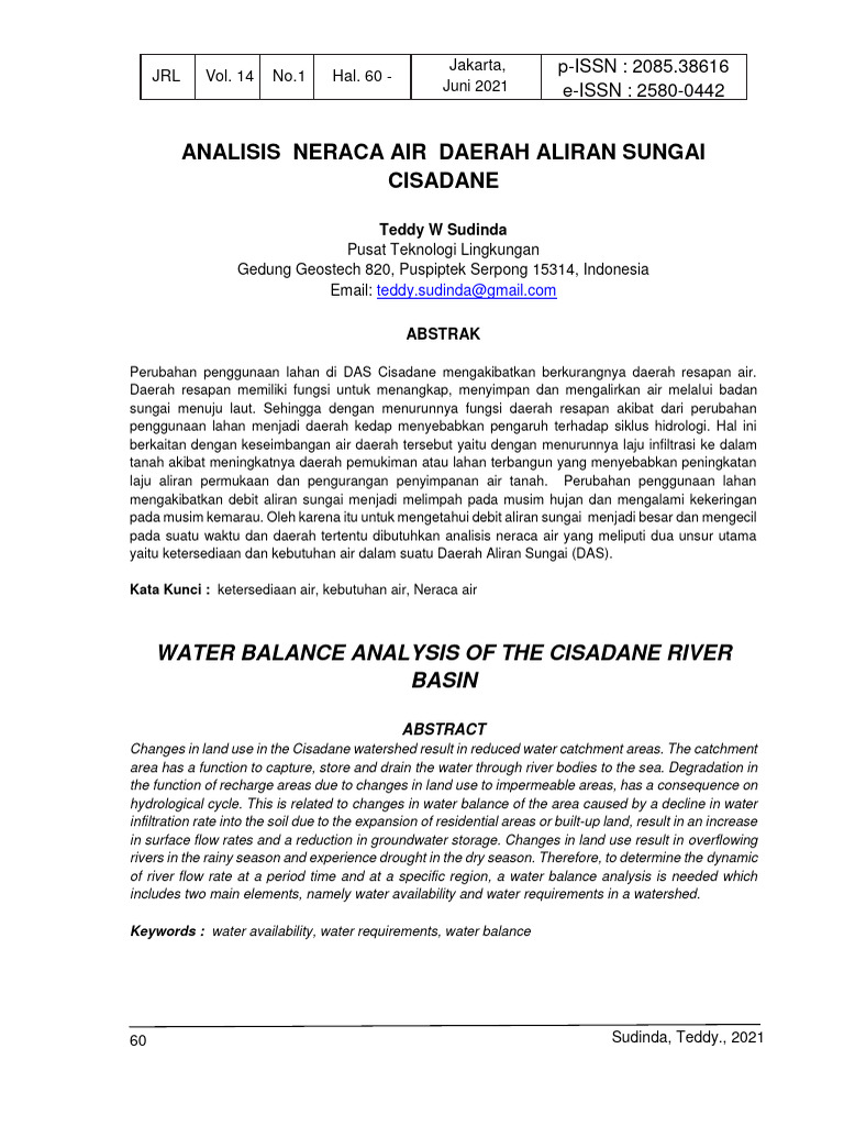 Analisis Neraca Air Daerah Aliran Sungai Cisadane: Water Balance ...