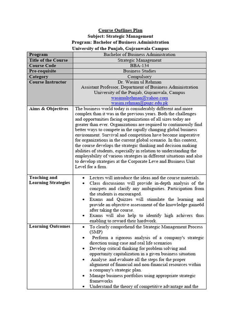BBA Strategic Management Course Outline | PDF | Strategic Management ...