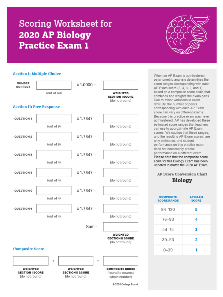 Ap Biology 2020 Practice Exam 1 Scoring Worksheet | PDF | Advanced ...