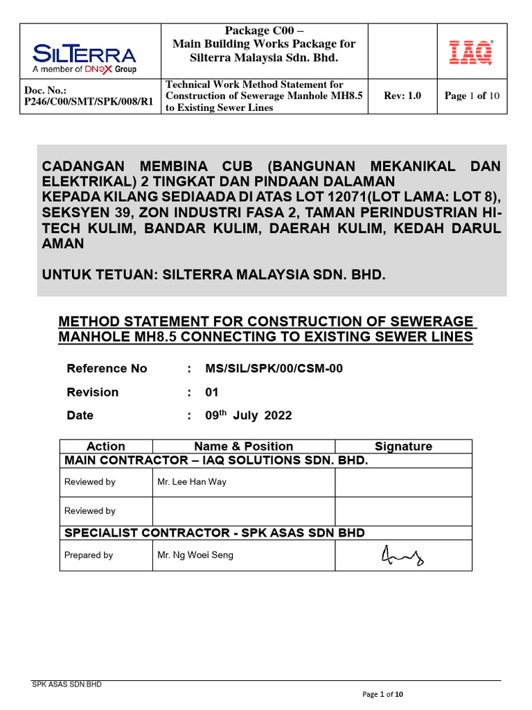 Method Statement For Construction of Sewerage Manhole MH8.5 Connecting To Existing Sewer Lines ...
