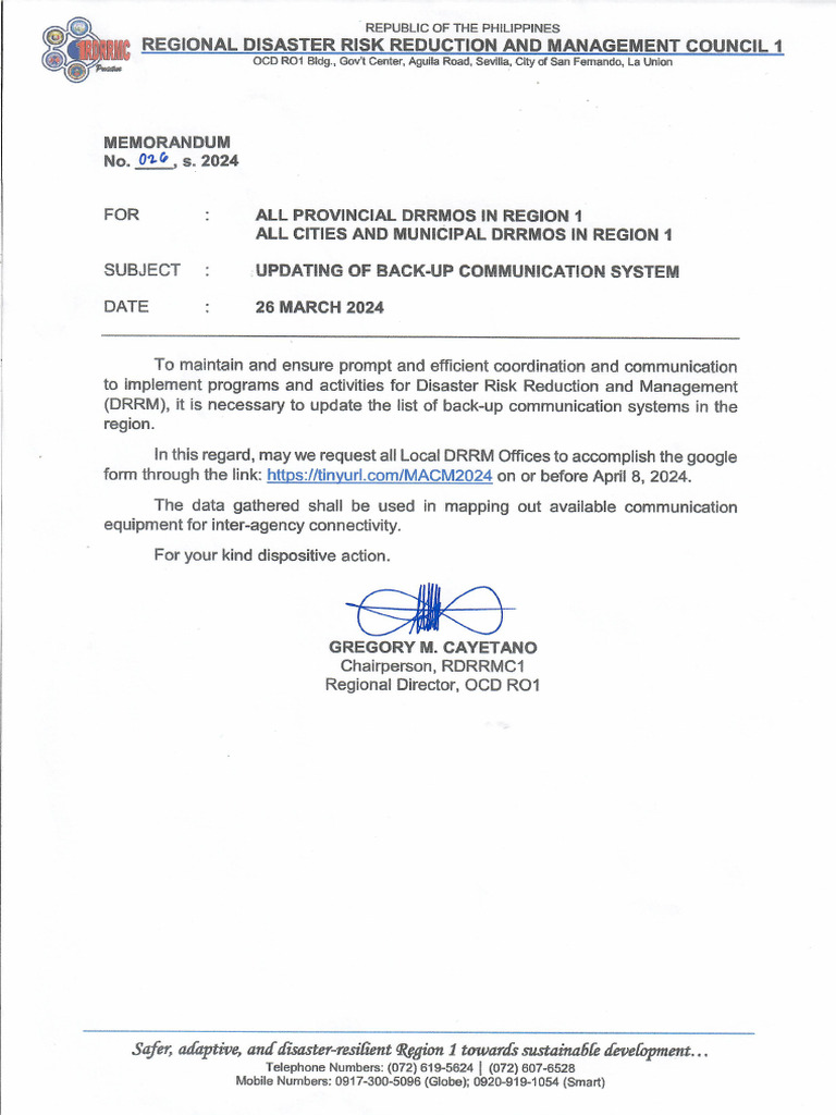 RDRRMC1 Memo No. 026 S. 2024 Updating of Back Up Communication Systems ...