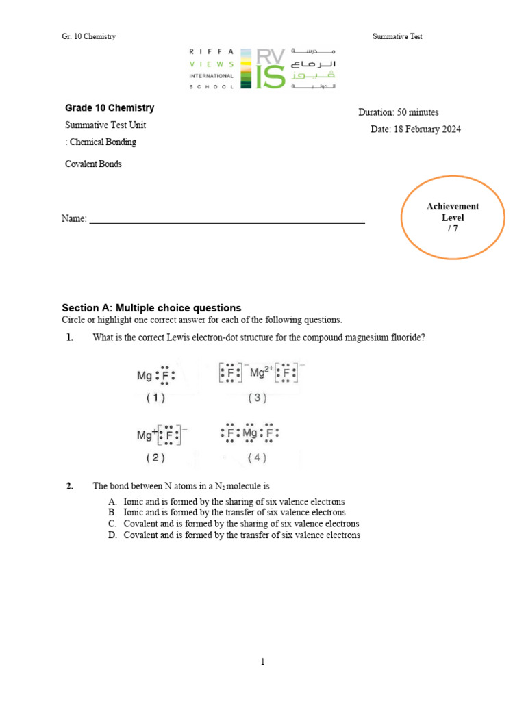 G10 Lewis Structure Test | PDF | Valence (Chemistry) | Chemical Bond