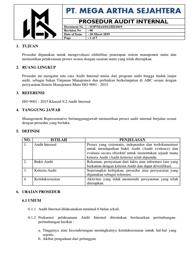 Prosedur Audit Internal ISO 9001 | PDF