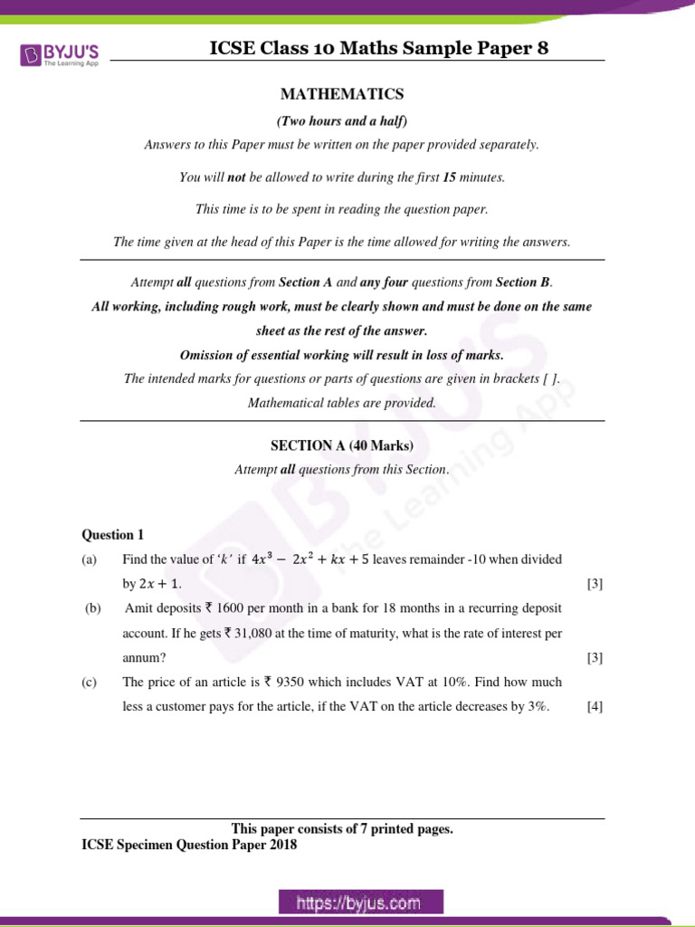 ICSE Class 10 Maths Sample Paper 8 | PDF | Circle | Euclidean Geometry