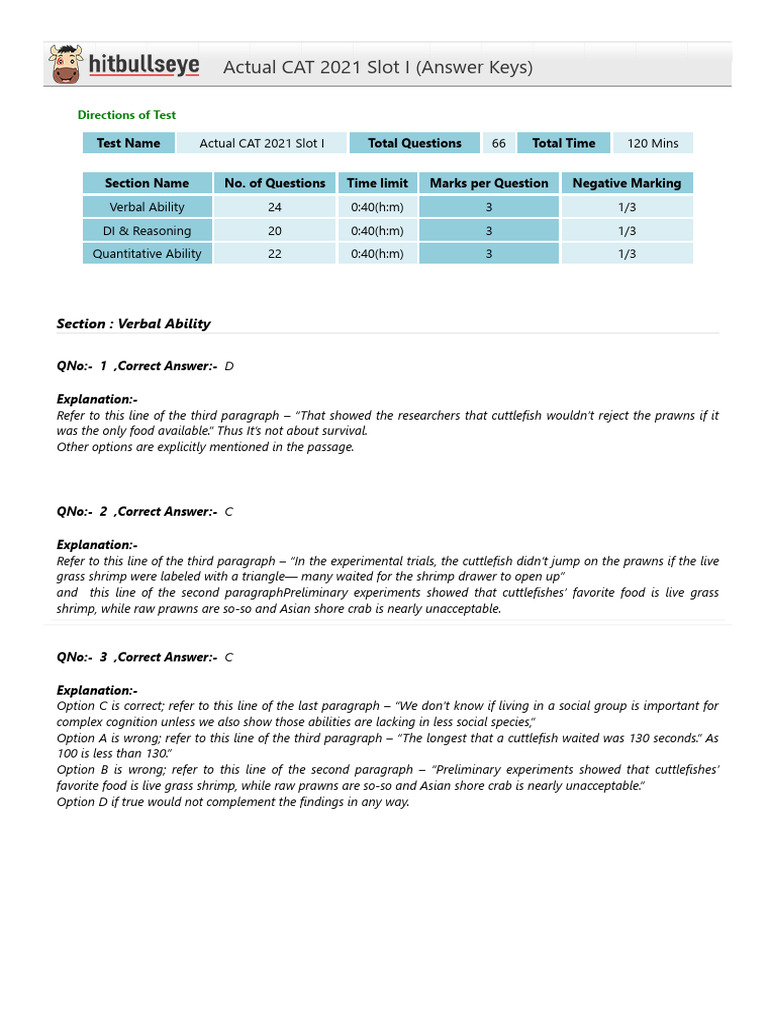 Actual CAT 2021 (Answer Keys) | PDF | Mango