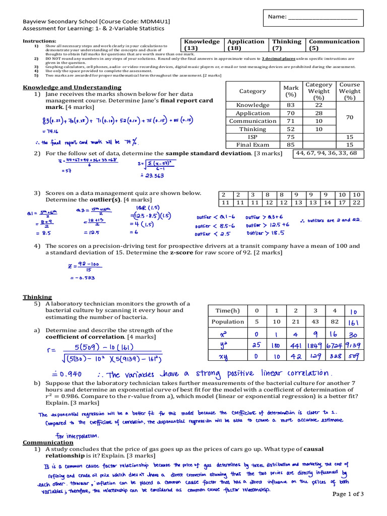 MDM4U Unit 3a Formation Quiz Solutions | Download Free PDF | Regression ...
