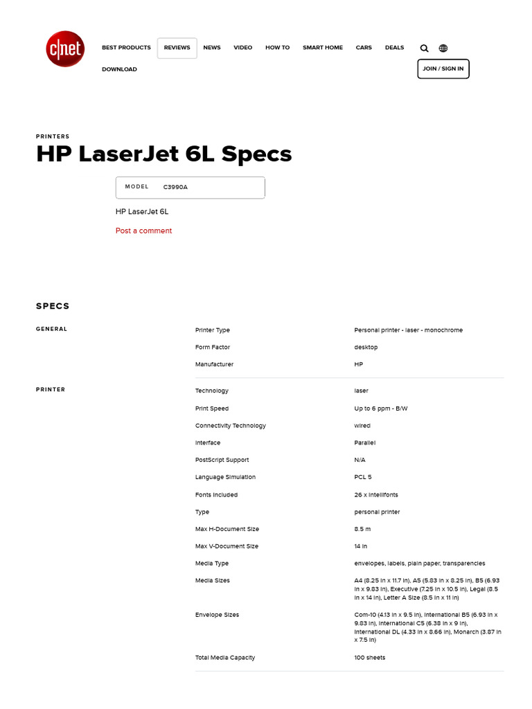 HP LaserJet 6L Specs - CNET | Download Free PDF | Printer (Computing) | Office Equipment