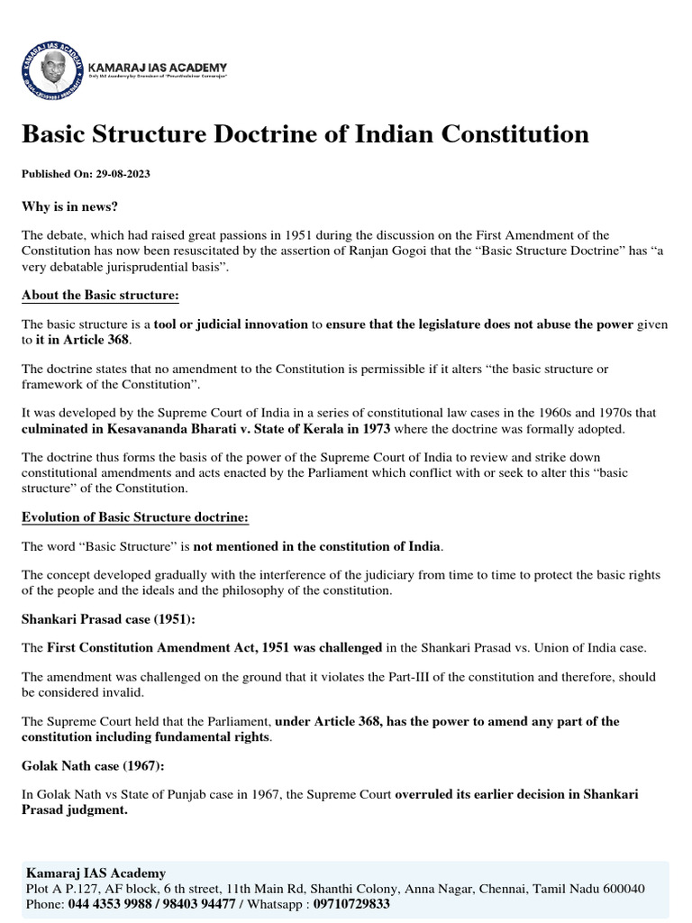 Basic Structure Doctrine of Indian Constitution | PDF | Separation Of ...