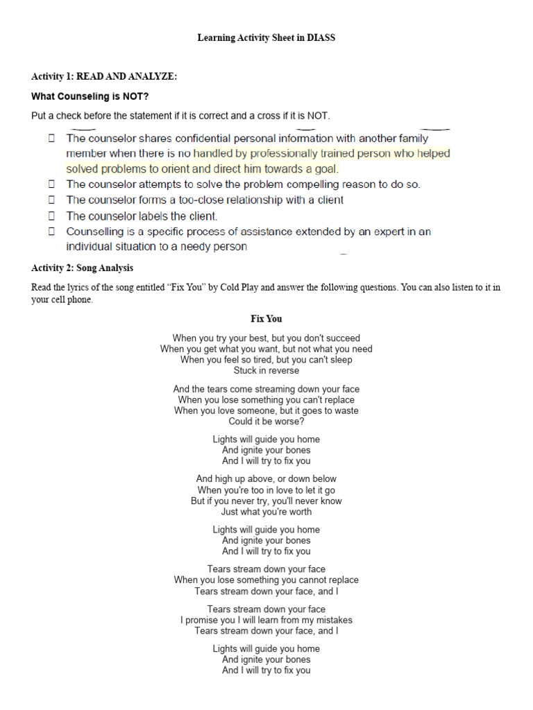 Learning Activity Sheet in DIASS-1 | PDF | Cognition | Cognitive Science