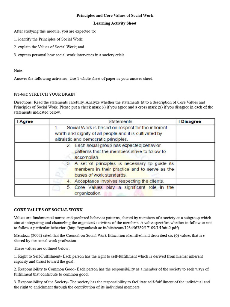 Principles and Core Values of Social Work LAS | Download Free PDF ...