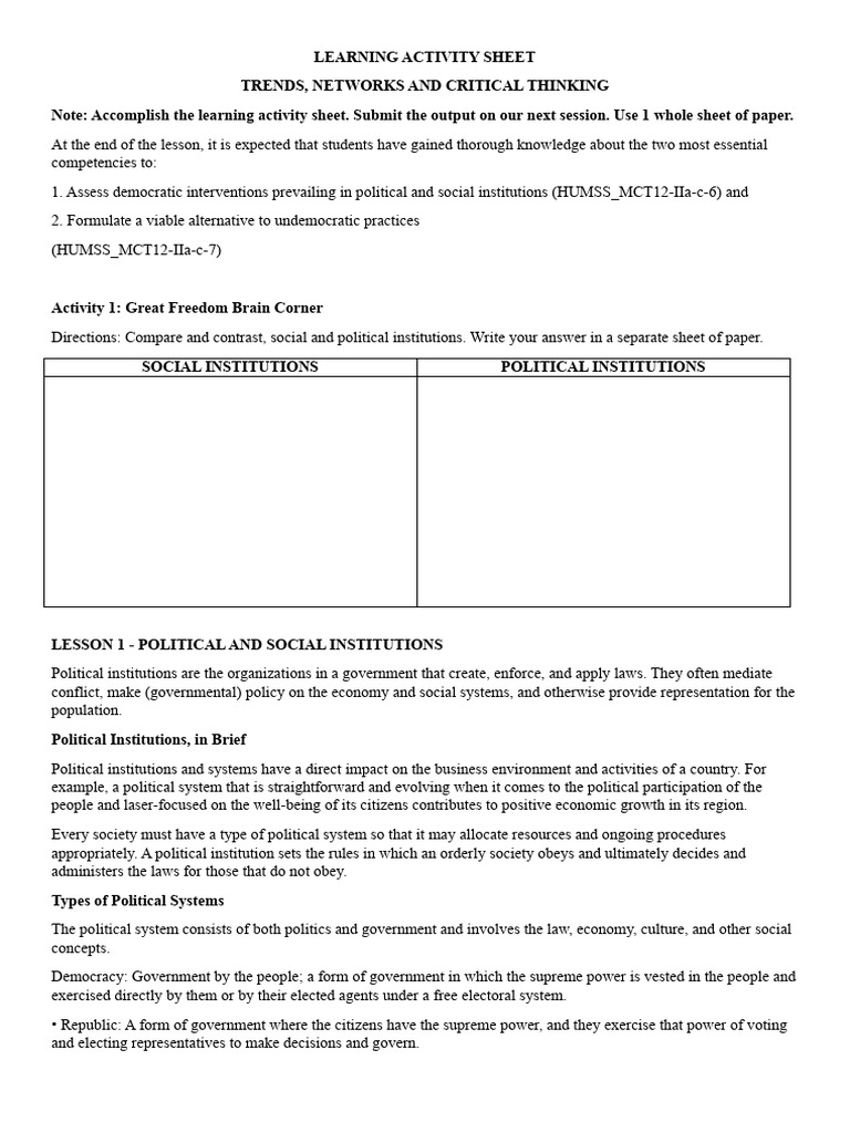 LEARNING ACTIVITY SHEET Social and Political I. | PDF | Democracy ...