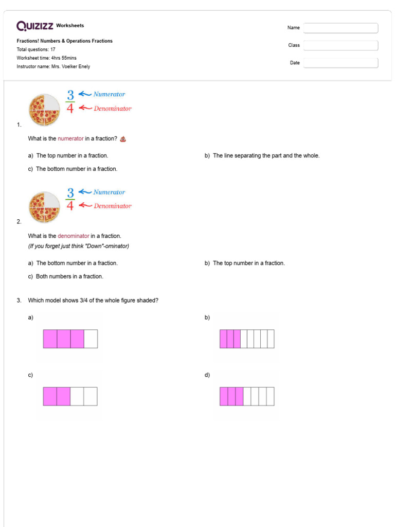Quizizz - Fractions! Numbers & Operations Fractions | PDF | Mathematical Objects | Mathematical ...