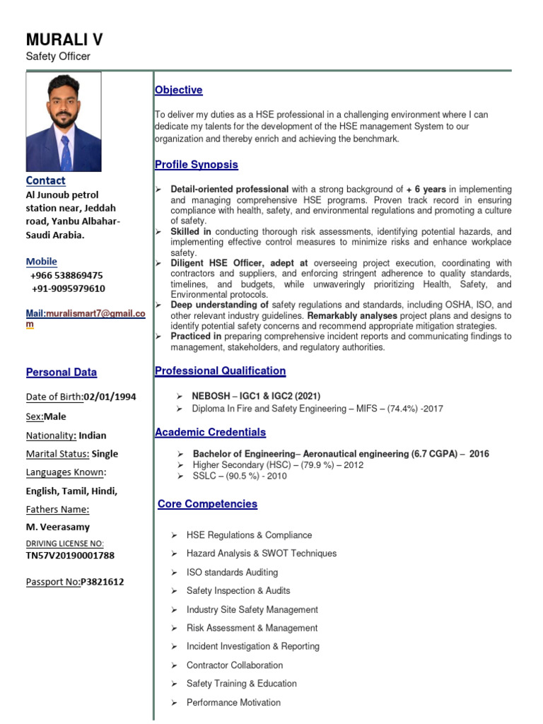 Murali CV | PDF | Occupational Safety And Health | Regulatory Compliance