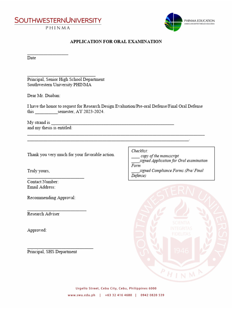 Application For Oral Examination and Compliance Form SWU SHS | PDF | Business