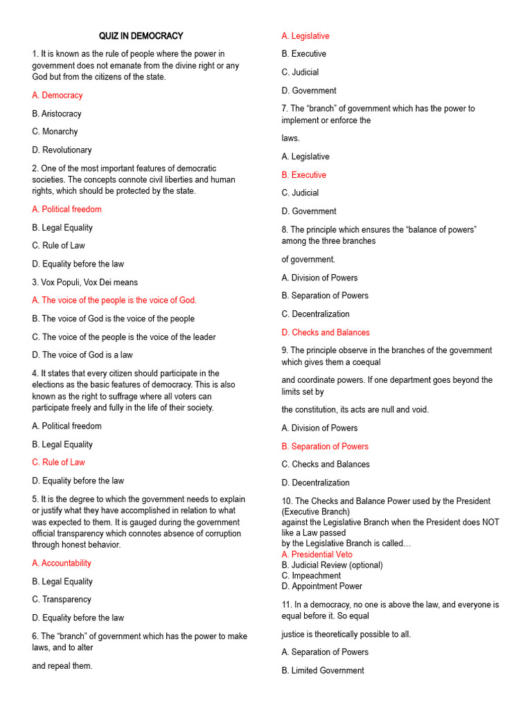 Quiz in Democracy | PDF | Separation Of Powers | Democracy