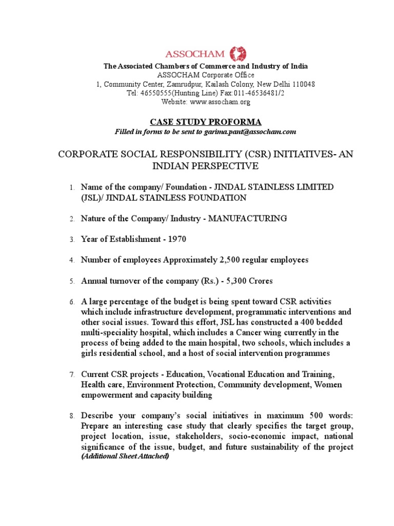 Jindal Stainless - Assocham CSR Case Study | PDF | Corporate Social Responsibility