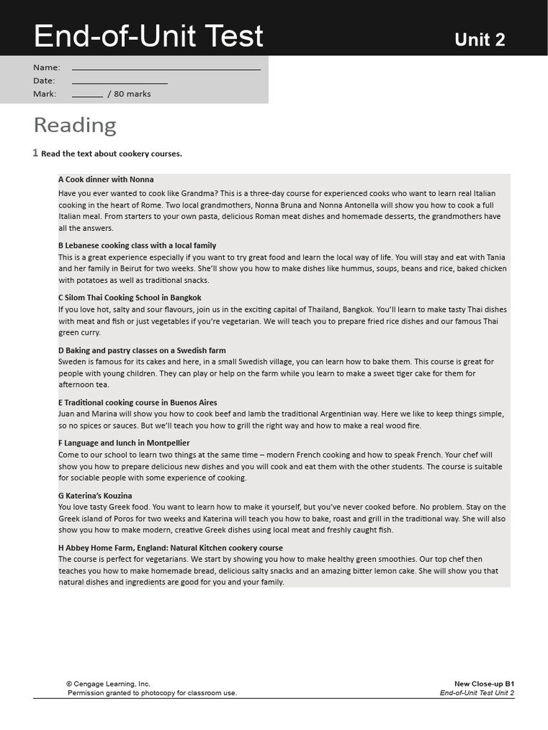 b1 End-Of-Unit Test Unit 2 | PDF | Thai Cuisine | Meal