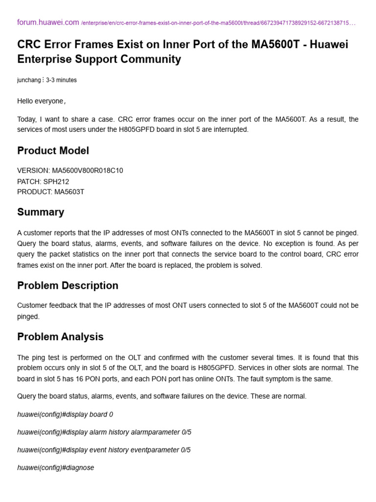 CRC Error Frames Exist On Inner Port of The MA5600T - Huawei Enterprise ...