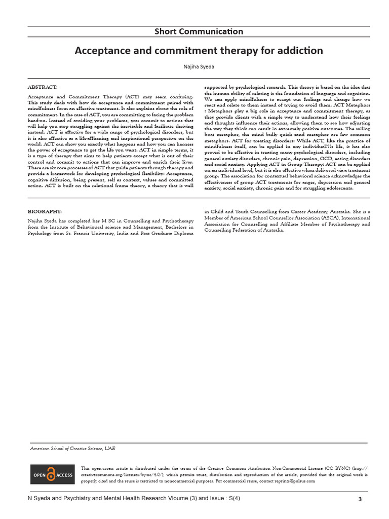 Acceptance and Commitment Therapy For Addiction | PDF | Psychotherapy ...