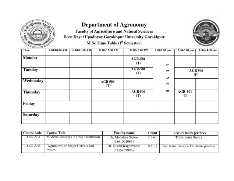 MSC Timetable 1st Sem Agronomy | PDF