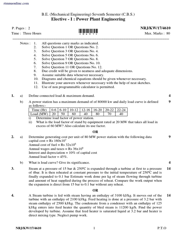 Me 7 Sem Elective 1 Power Plant Engineering Winter 2017 | PDF | Steam | Enthalpy