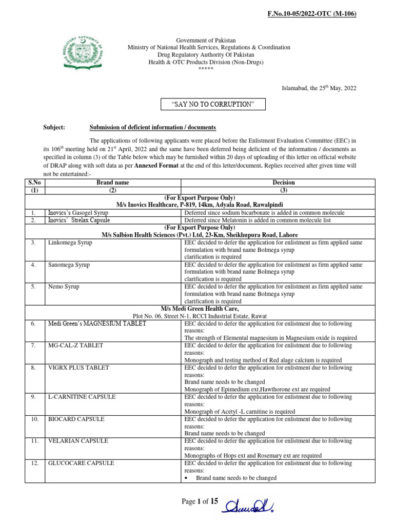 Deficiency Deferred Letter 106th Meeting EEC | Download Free PDF ...