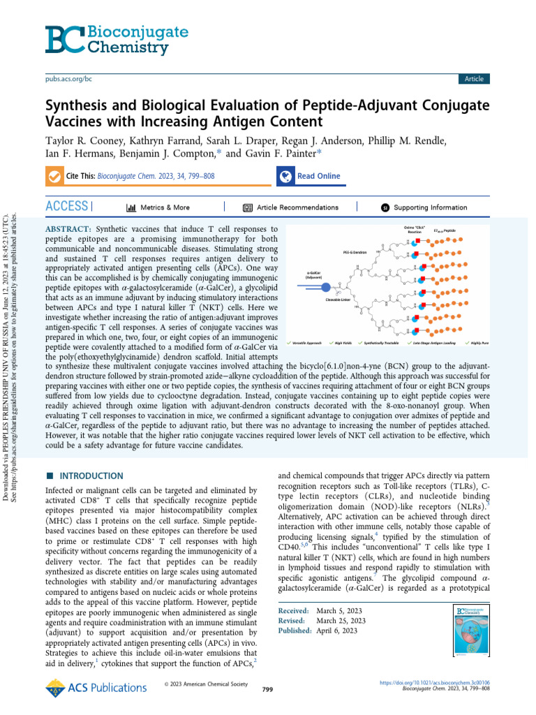 Synthesis and Biological Evaluation of Peptide Adjuvant Conjugate | PDF | Antigen | T Cell