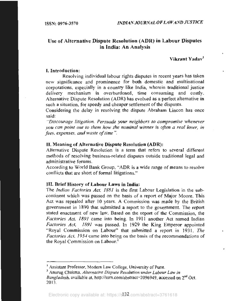 Use of Alternative Dispute Resolution (ADR) in Labour Disputes in India ...