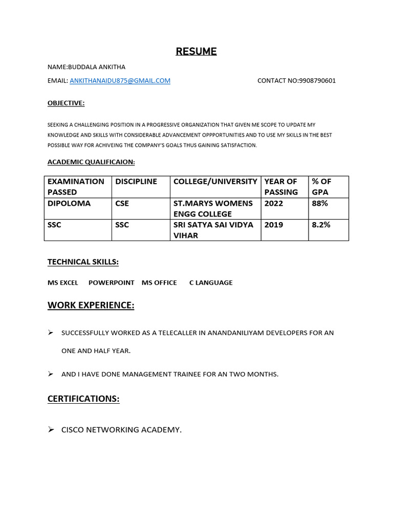 Resume of Buddala Ankitha | PDF | Career & Growth