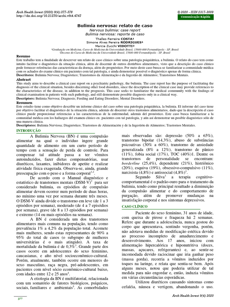 Bulimia Nervosa: Relato de Caso Clínico | PDF | Transtorno obsessivo compulsivo (TOC) | Bulimia ...