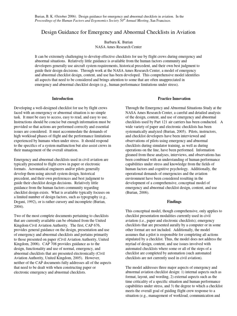 Design Guidance For Emergency and Abnormal Checklists in Aviation | PDF ...