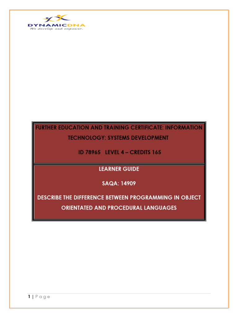 Saqa 14909 - Learner Guide | PDF | Class (Computer Programming) | Object Oriented Programming