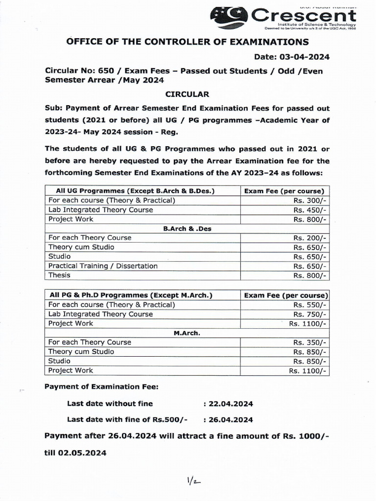 Exam Fee Circular For Passed Out Students - May 2024 | PDF
