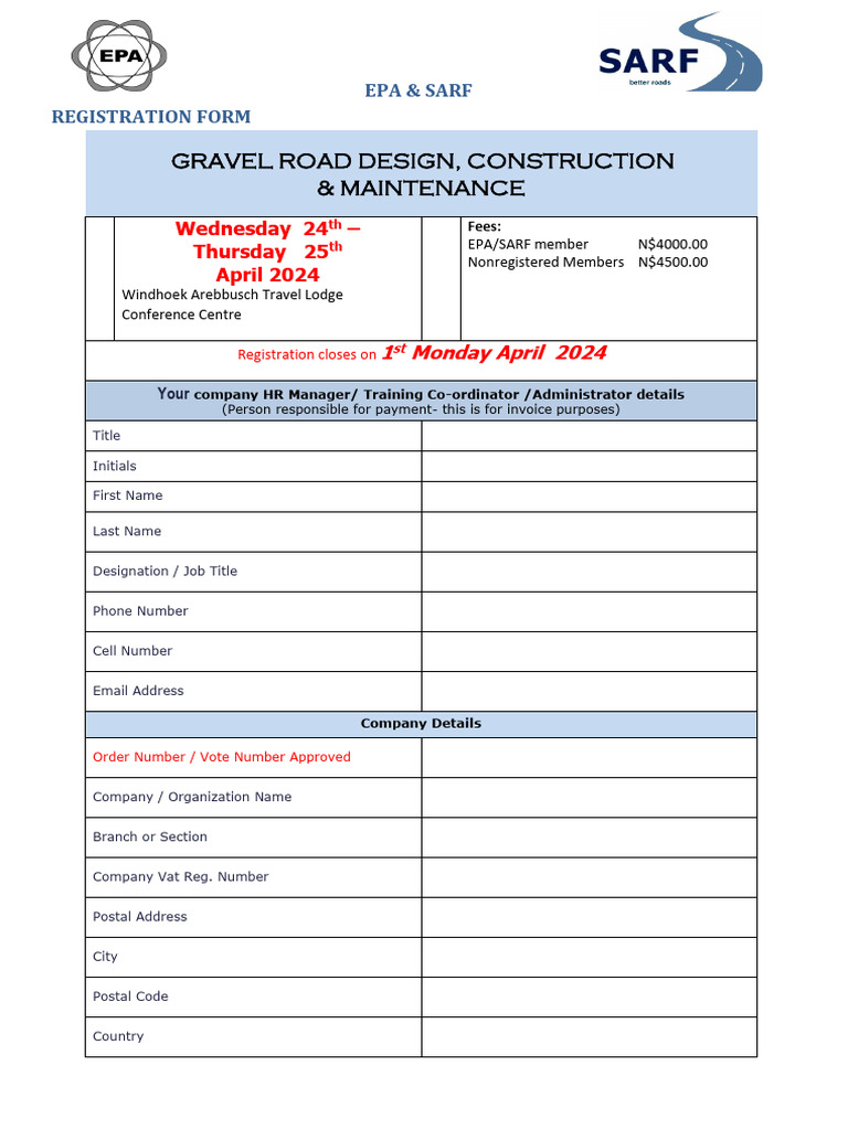 EPA - SARF Course Registration Form GRAVEL ROAD DESIGN CONSTRUCTION ...