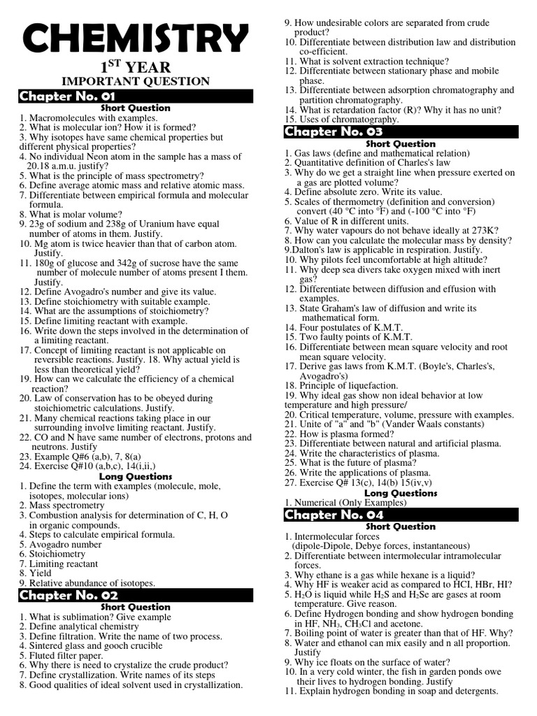 Essential Chemistry Questions for 1st Year | PDF | Chemical Bond ...