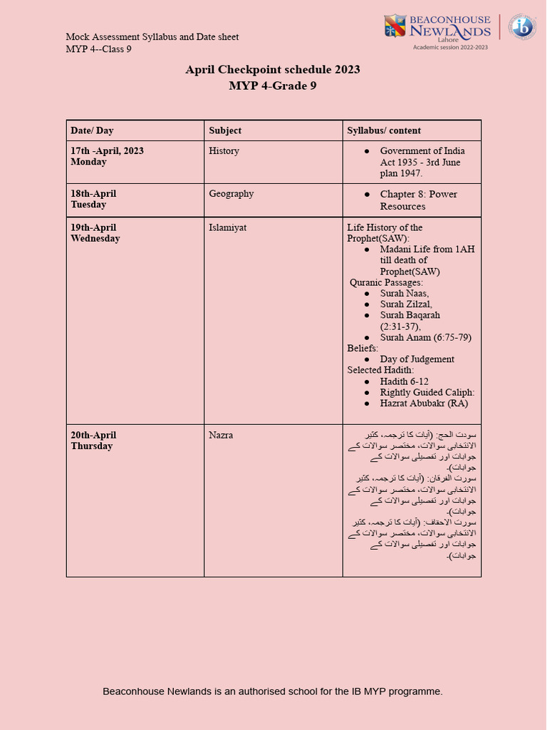 MYP 4-Class 9 - Checkpoint Schedule | PDF