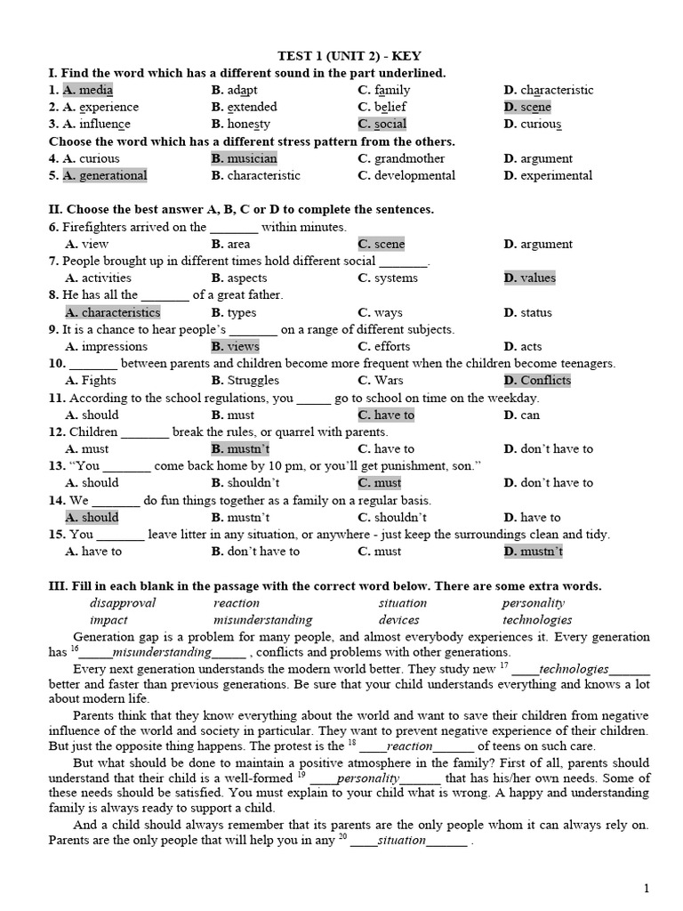 Unit 2 - Test 1 - Key | PDF | Adolescence | Behavioural Sciences