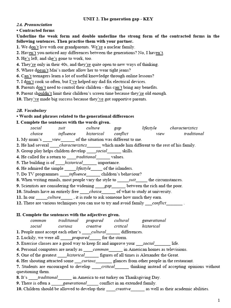 UNIT 2. The Generation Gap - KEY | PDF | Adolescence | Grandparent