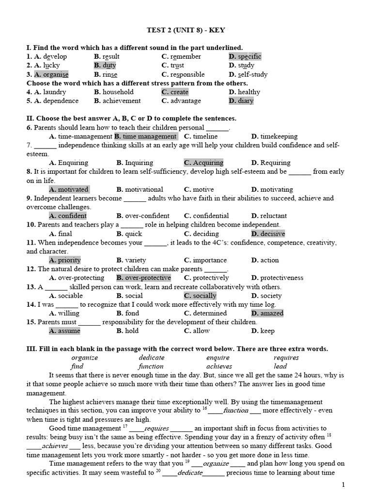 Unit 8 - Test 2 - Key | PDF | Adolescence | Housekeeping
