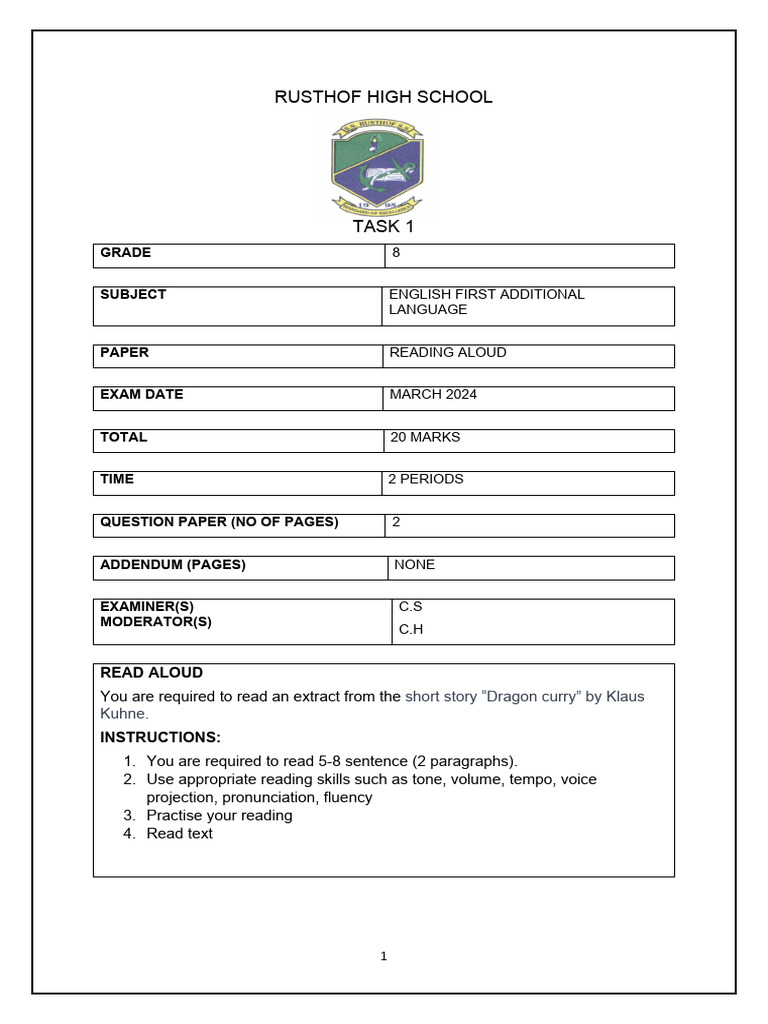 Grade 8 FAL Task1 | PDF