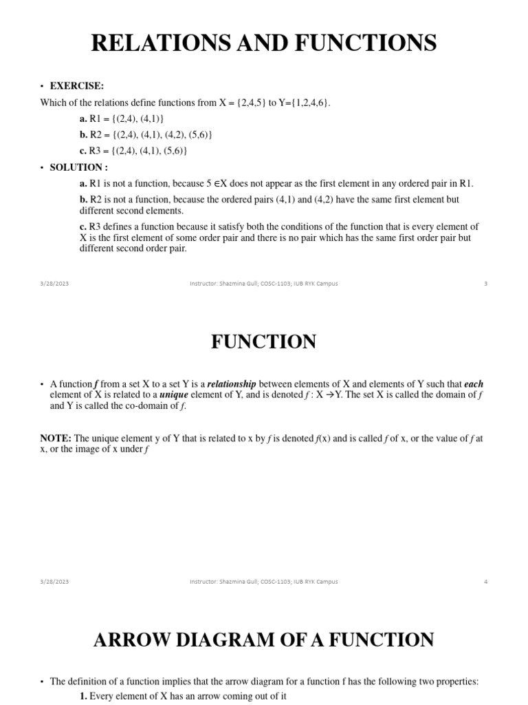 Relations and Functions: 3/28/2023 Instructor: Shazmina Gull COSC-1103 IUB RYK Campus 3 | PDF ...