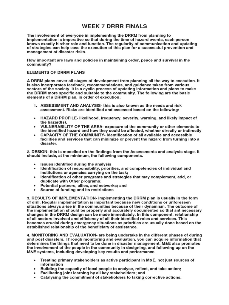 Week 7 DRRR Finals Worded | PDF | Disaster Risk Reduction | Emergency ...