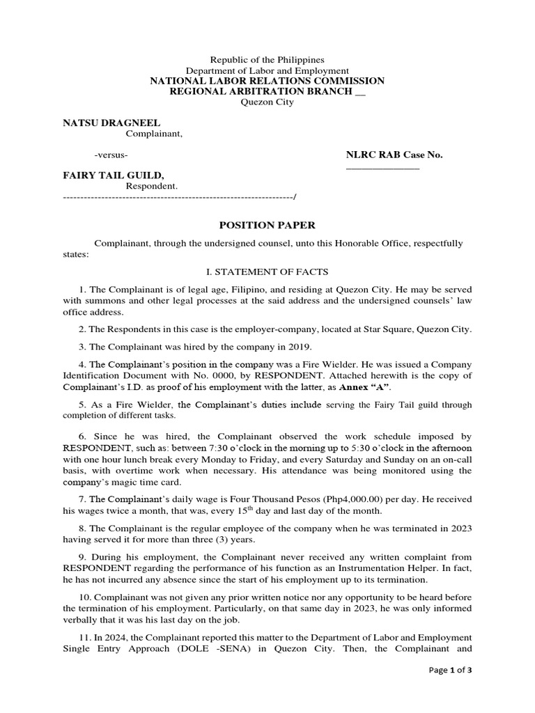 Position Paper in A Labor Case | PDF | Employment | Labour Law