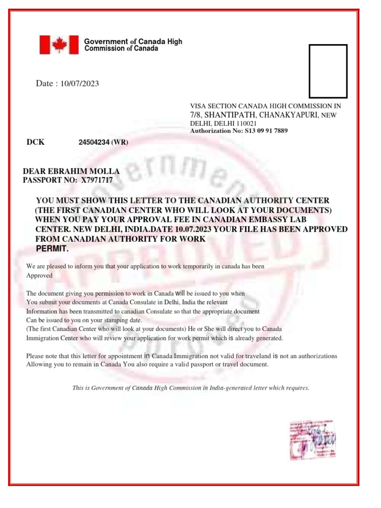 Canada Work Permit Approval Notice | PDF