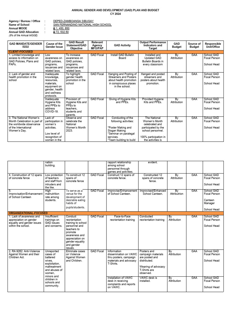 GAD Plan and Budget 2024 for Schools | PDF | Justice | Crime & Violence